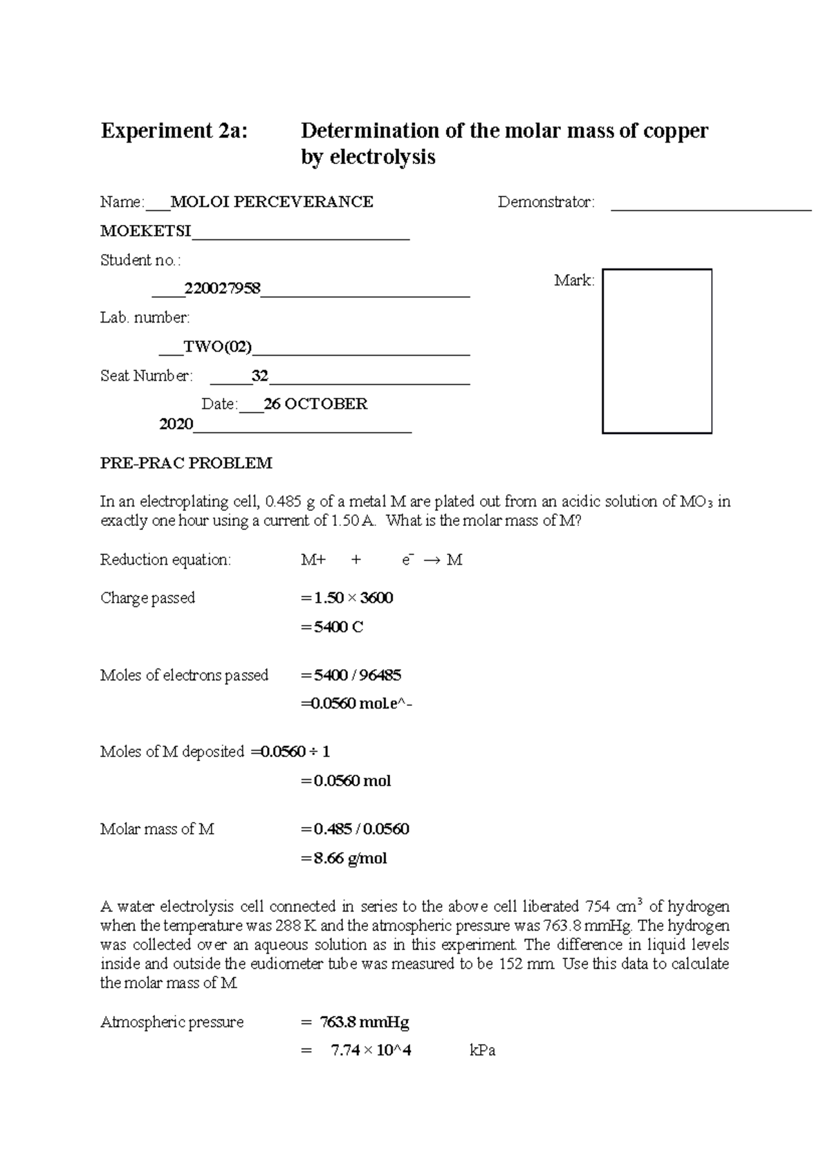 Prac 2a - Dertemination of the molar mass of copper by electrolysis ...