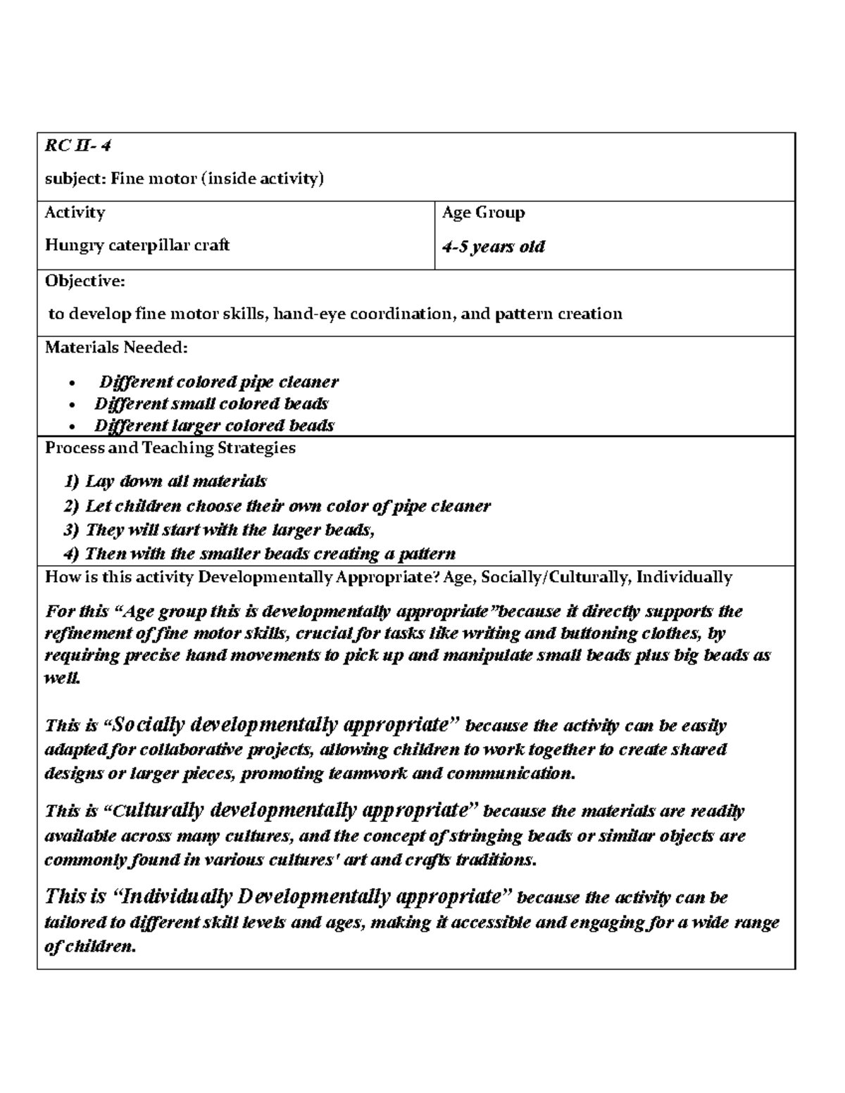 RC ll- 4 learning experiences - RC II- 4 subject: Fine motor (inside ...