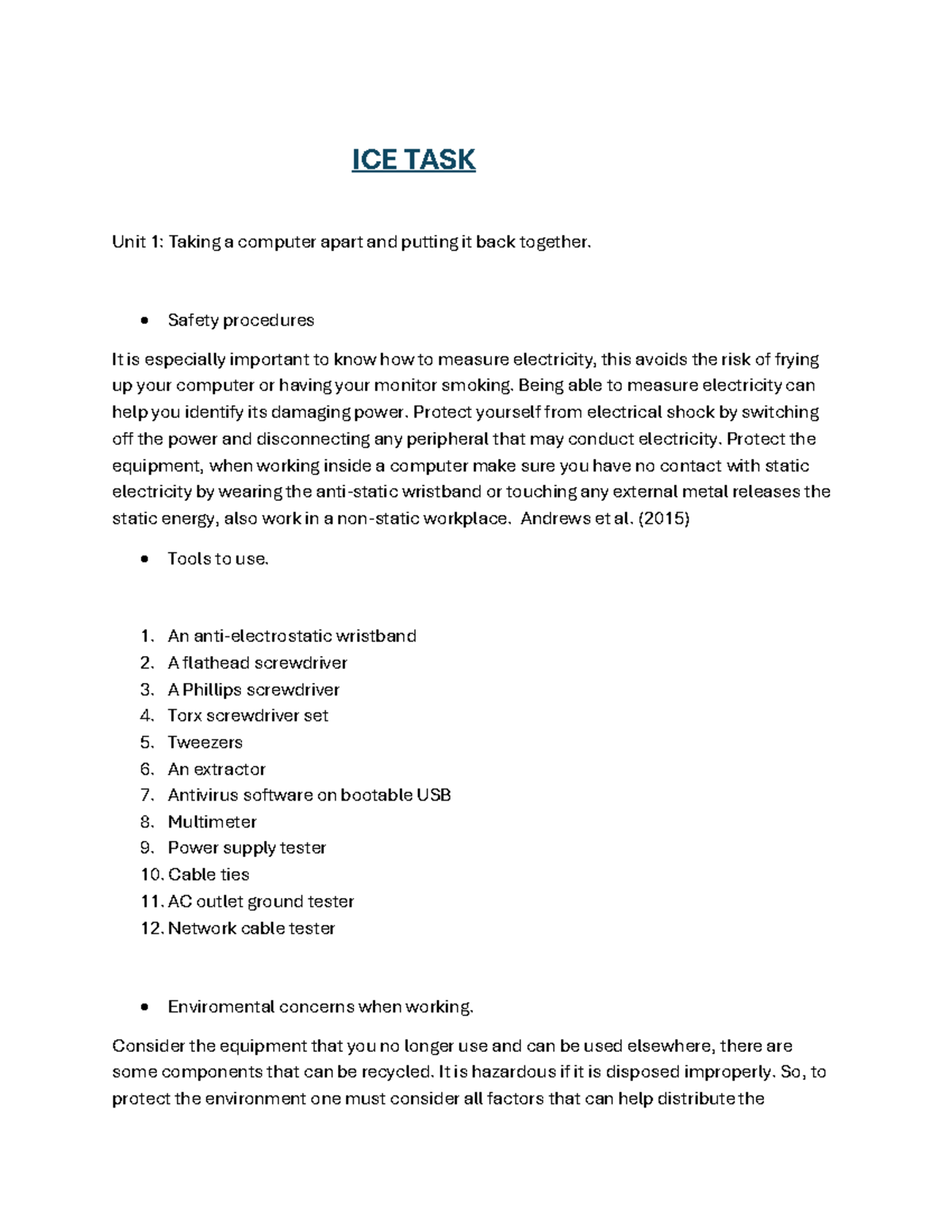 ICE 1 - Unit 1: Safe Computer Disassembly & Tools Guide - Studocu