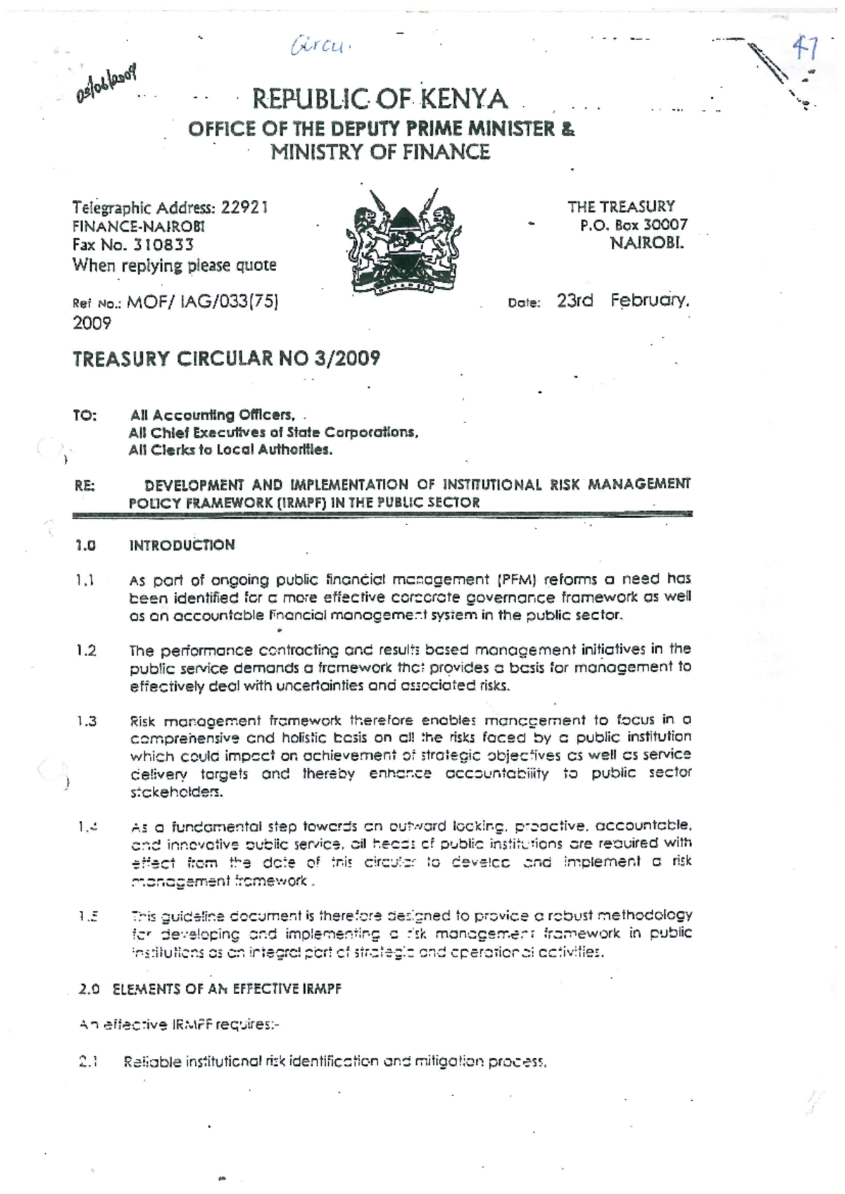 Treasury Circular No. 3/2009: Institutional Risk Management Framework ...