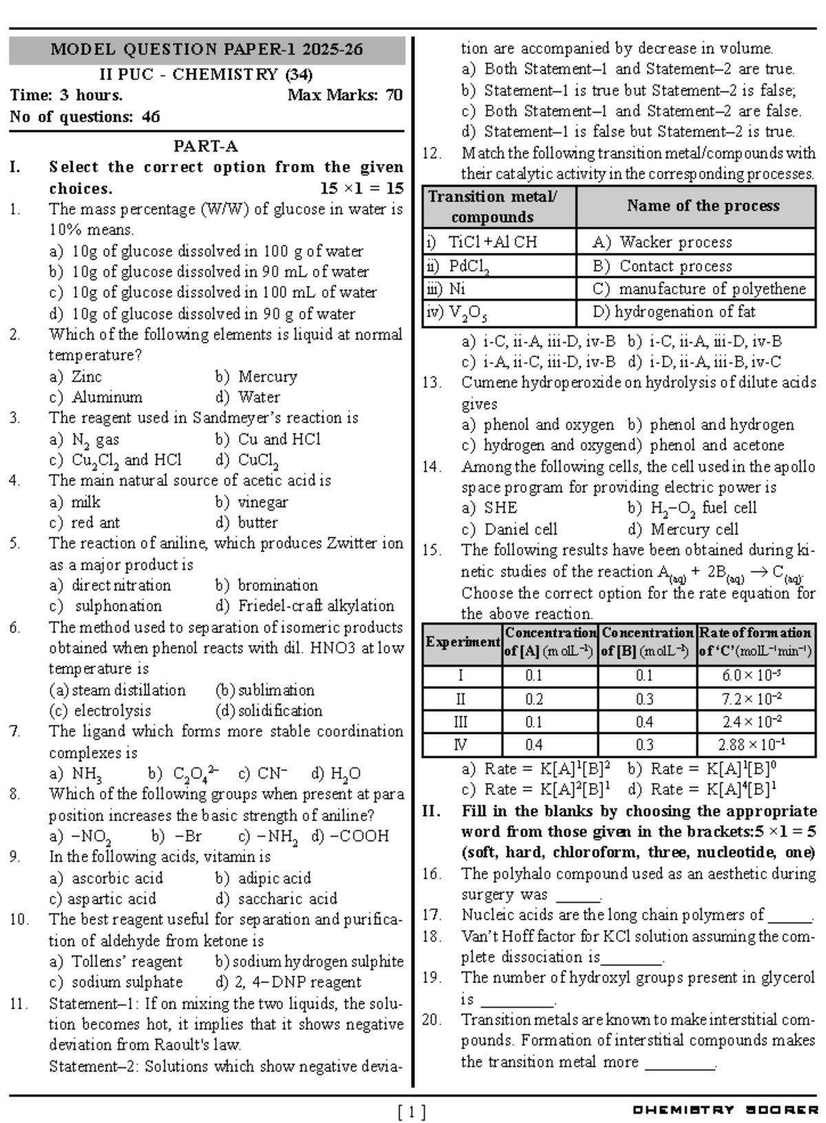 MODEL QUESTION PAPER II PUC CHEMISTRY (34) - Time: 3 Hours, Max Marks ...