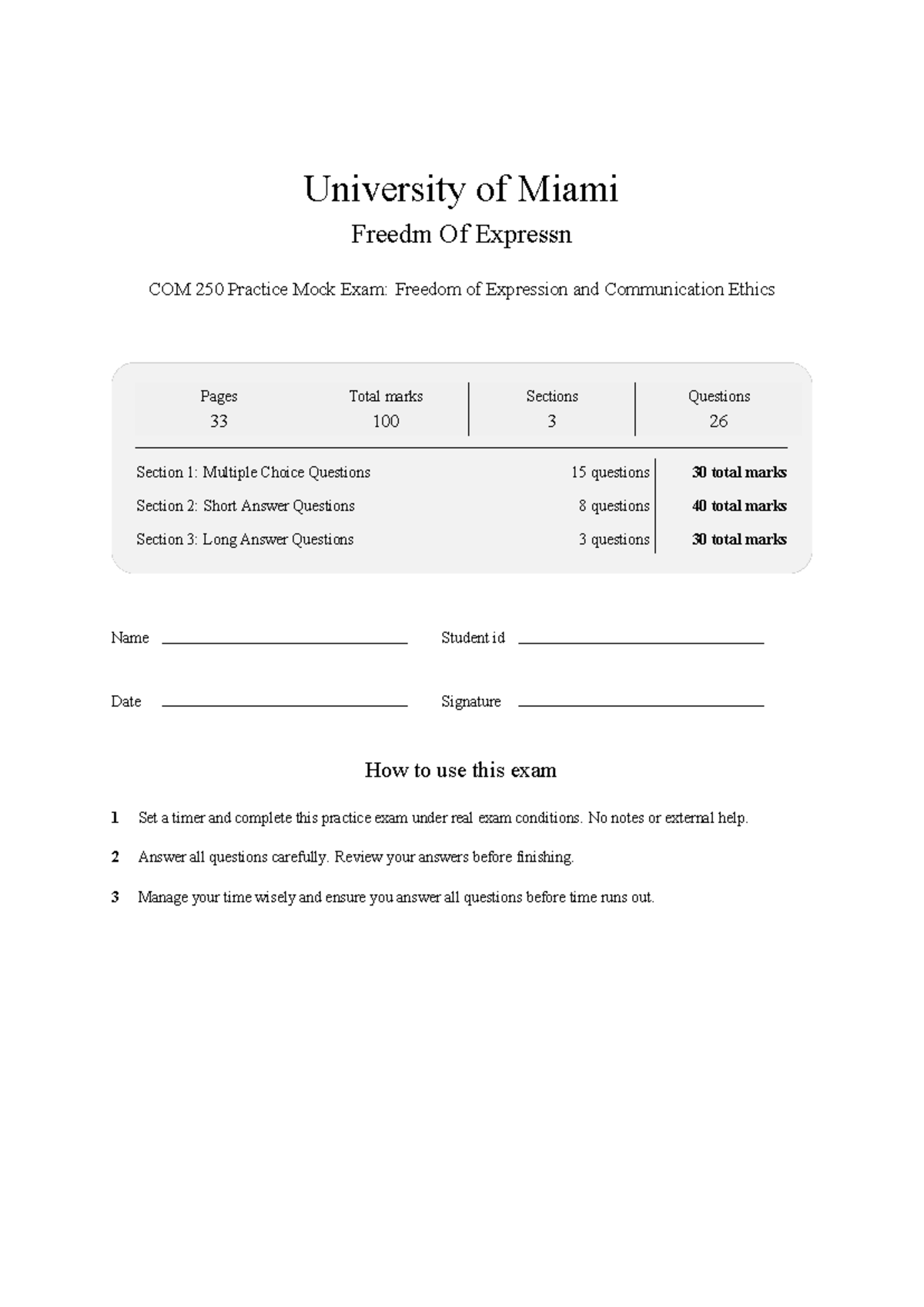 COM 250 Freedom of Expression Mock Exam: Practice Questions & Answers ...