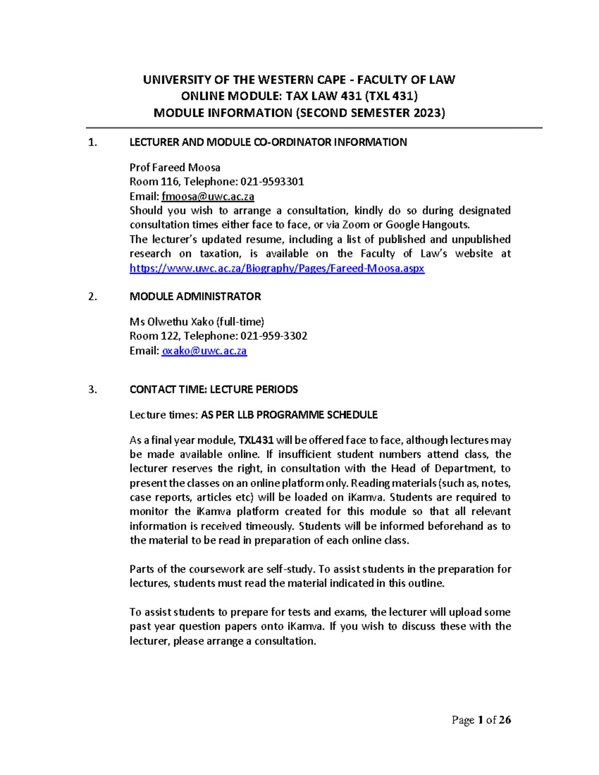 Tax Law 431 Course Outline for Semester 2, 2023 - Lecture Format ...