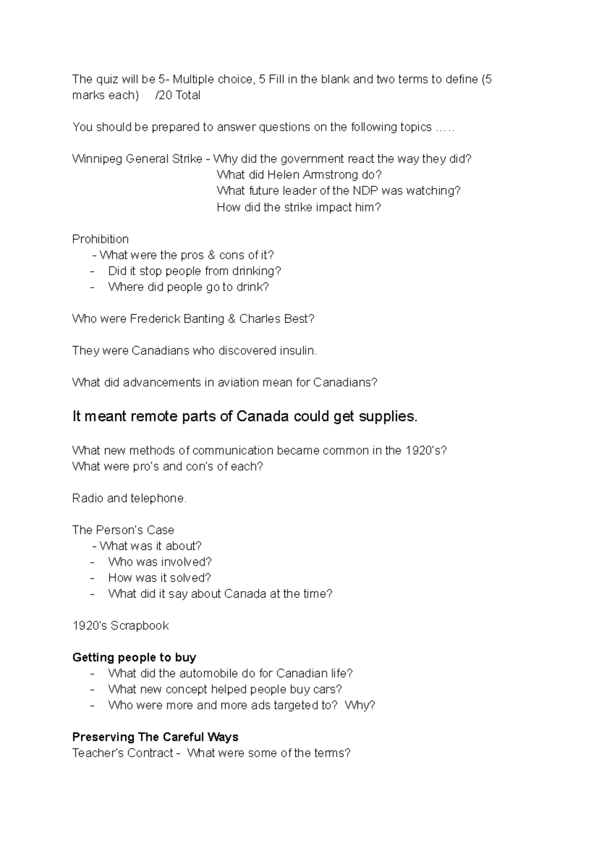 1920's History Quiz Review - Topics on Strike, Prohibition & More - Studocu