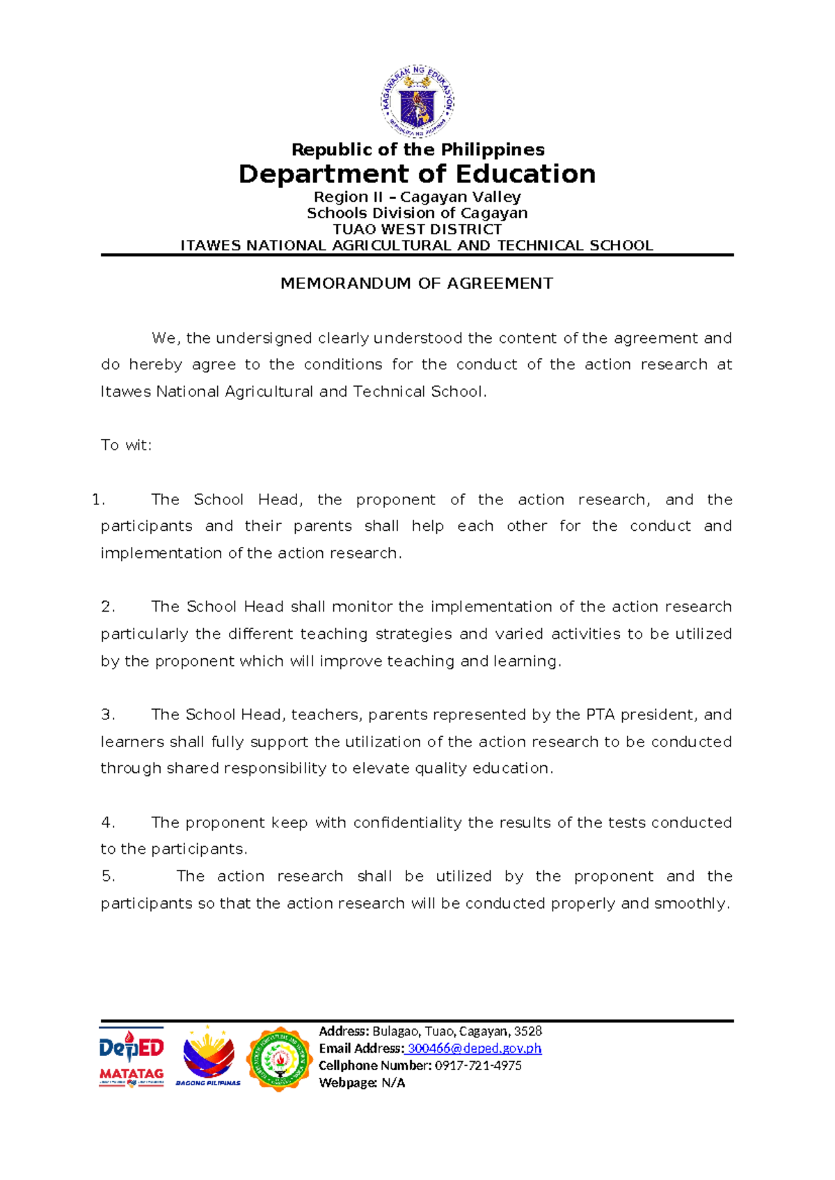 MOA for Action Research at Itawes National Agricultural & Tech School ...