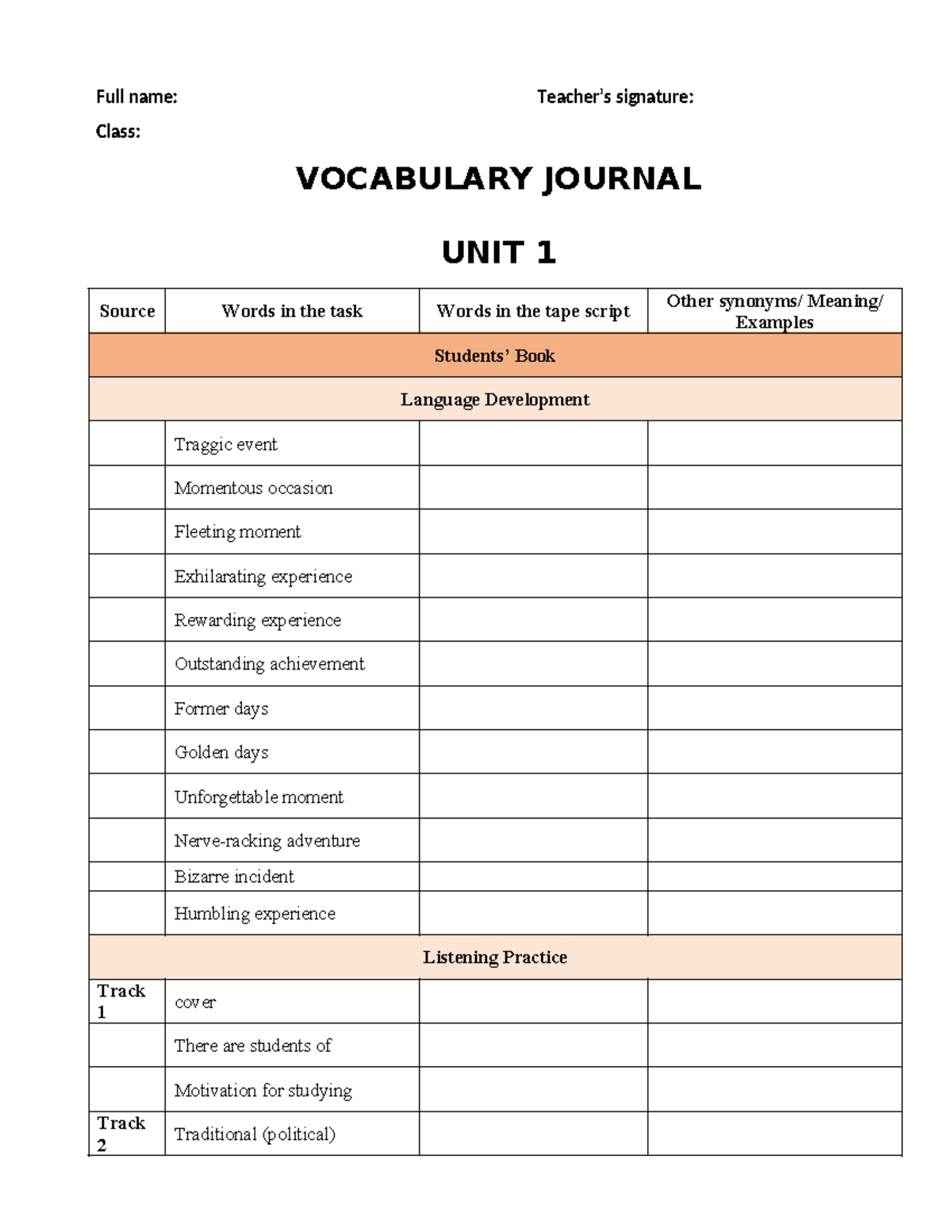 W1-B2 Vocabulary Journal: Unit 1 Vocabulary Development - Studocu
