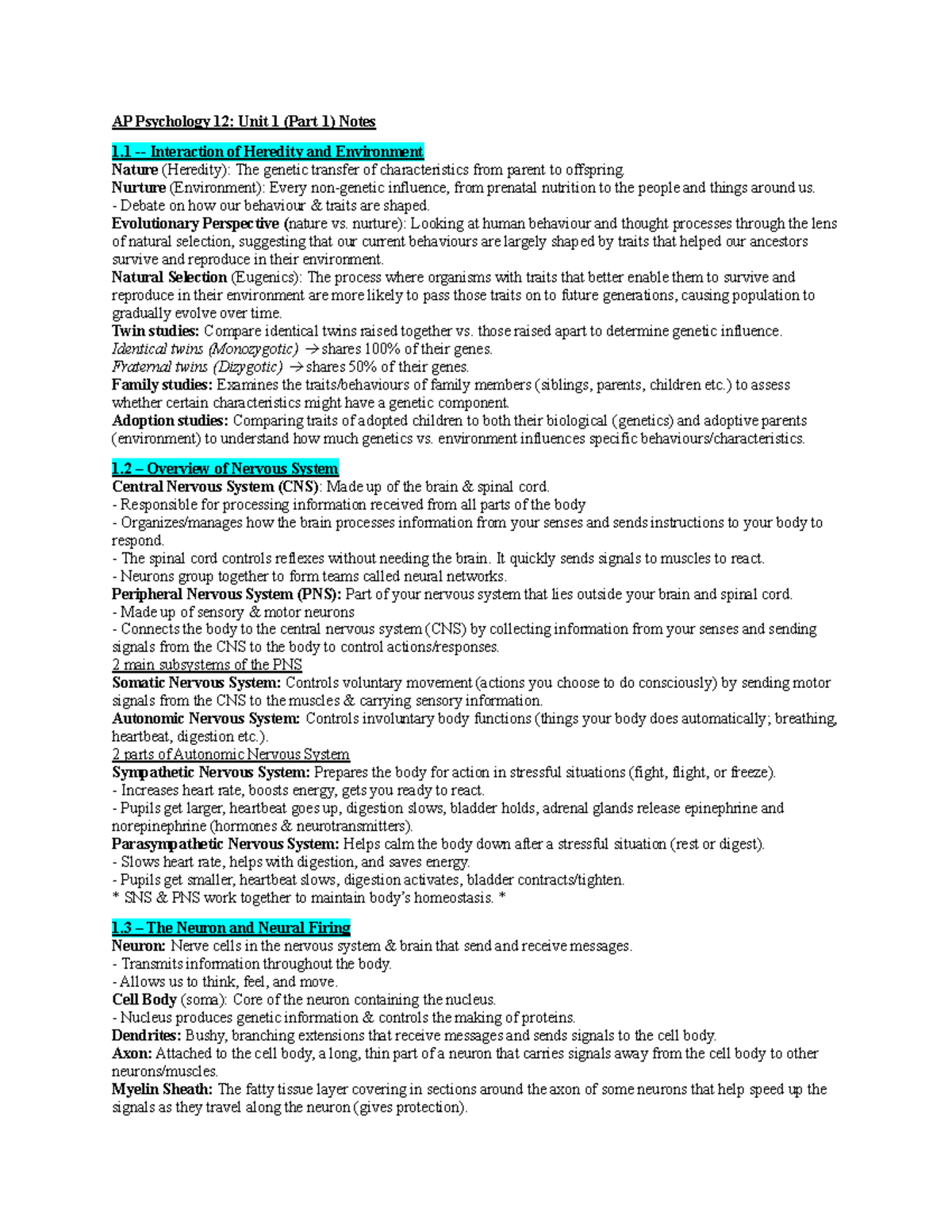 AP Psychology 12: Unit 1 Vocabulary and Concepts Overview - Studocu