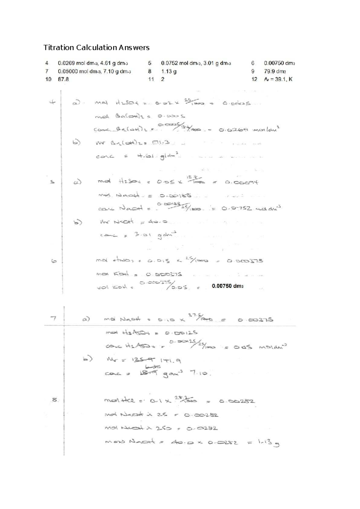 Titration Calculation Answers for Chemistry 101: Detailed Solutions ...