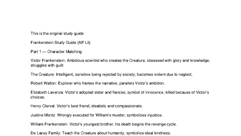 Frankenstein Study Guide (AP Lit) - Character & Theme Analysis - Studocu
