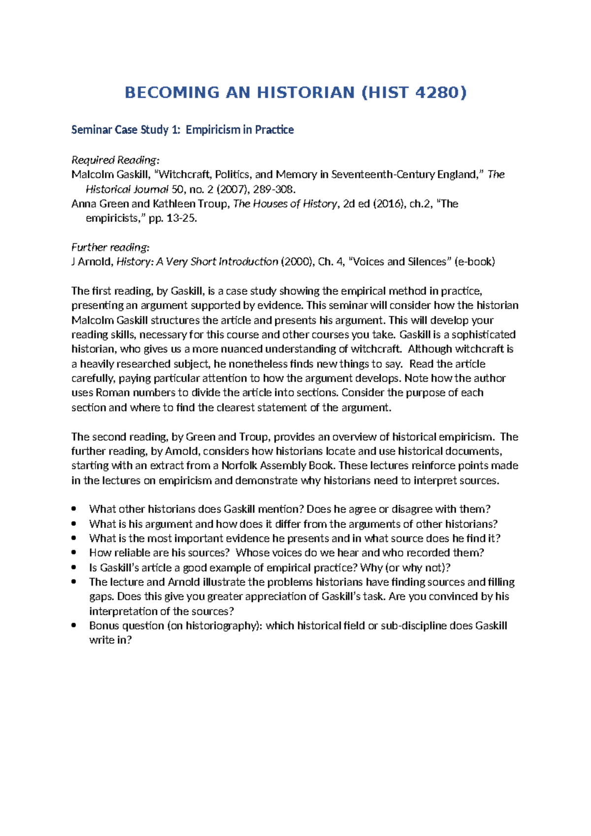 HIST 4280 Seminar Case Study 1: Empiricism in Historical Analysis - Studocu