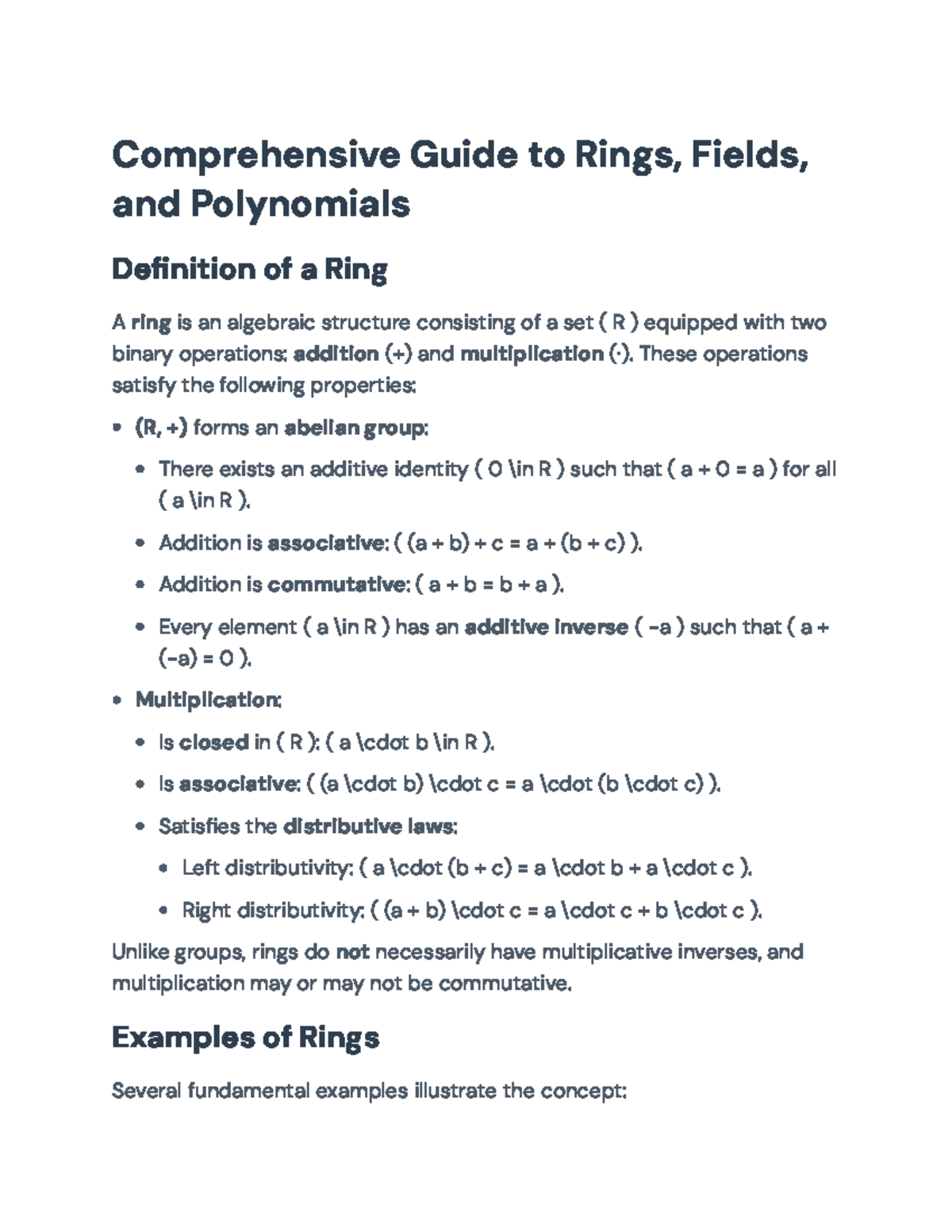 Comprehensive Overview of Rings, Fields, and Matrices in Abstract ...