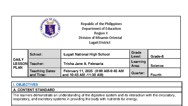 Science Lesson Plan: Digestive System Overview (Grade 8) - Studocu