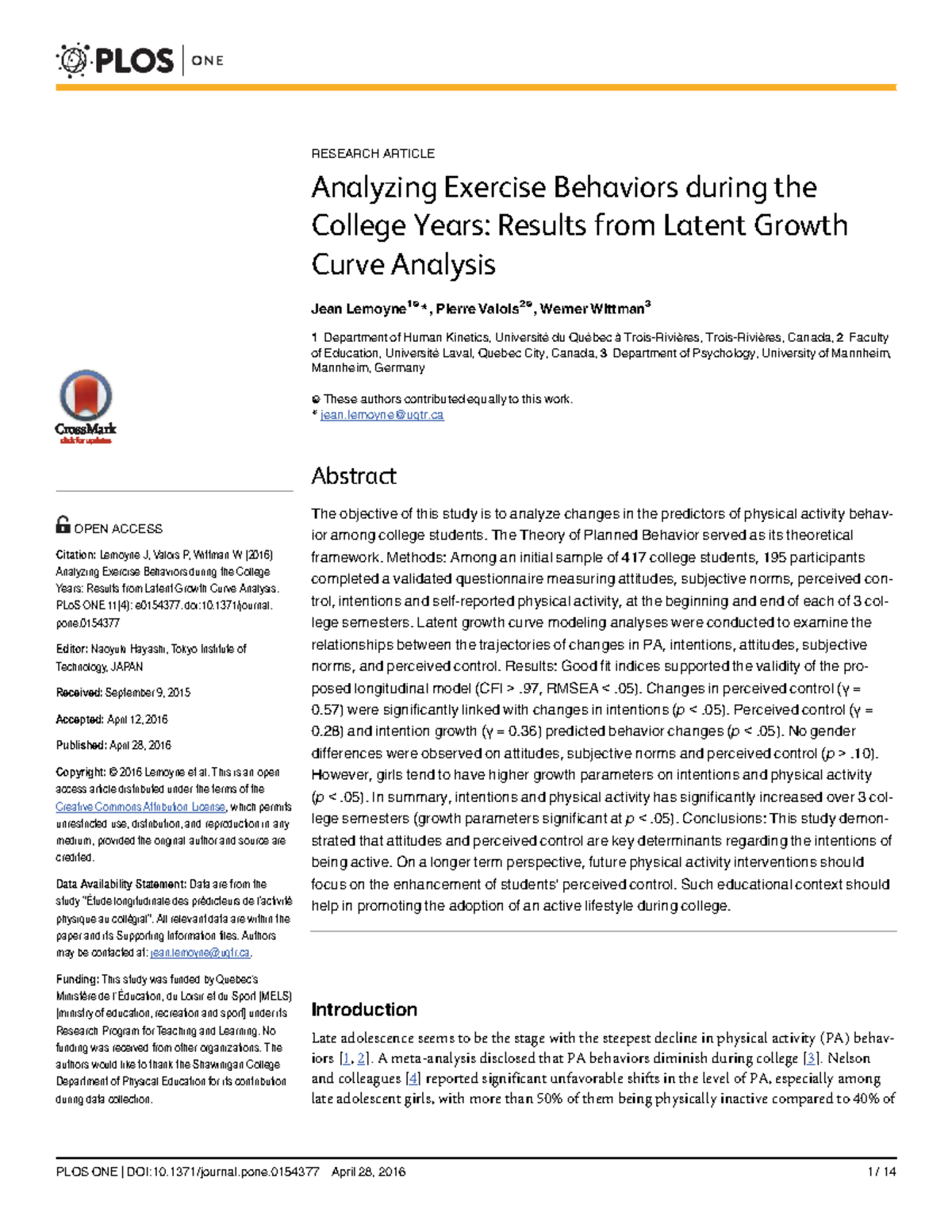 Analyzing College Students' Exercise Behaviors: A Longitudinal Study ...
