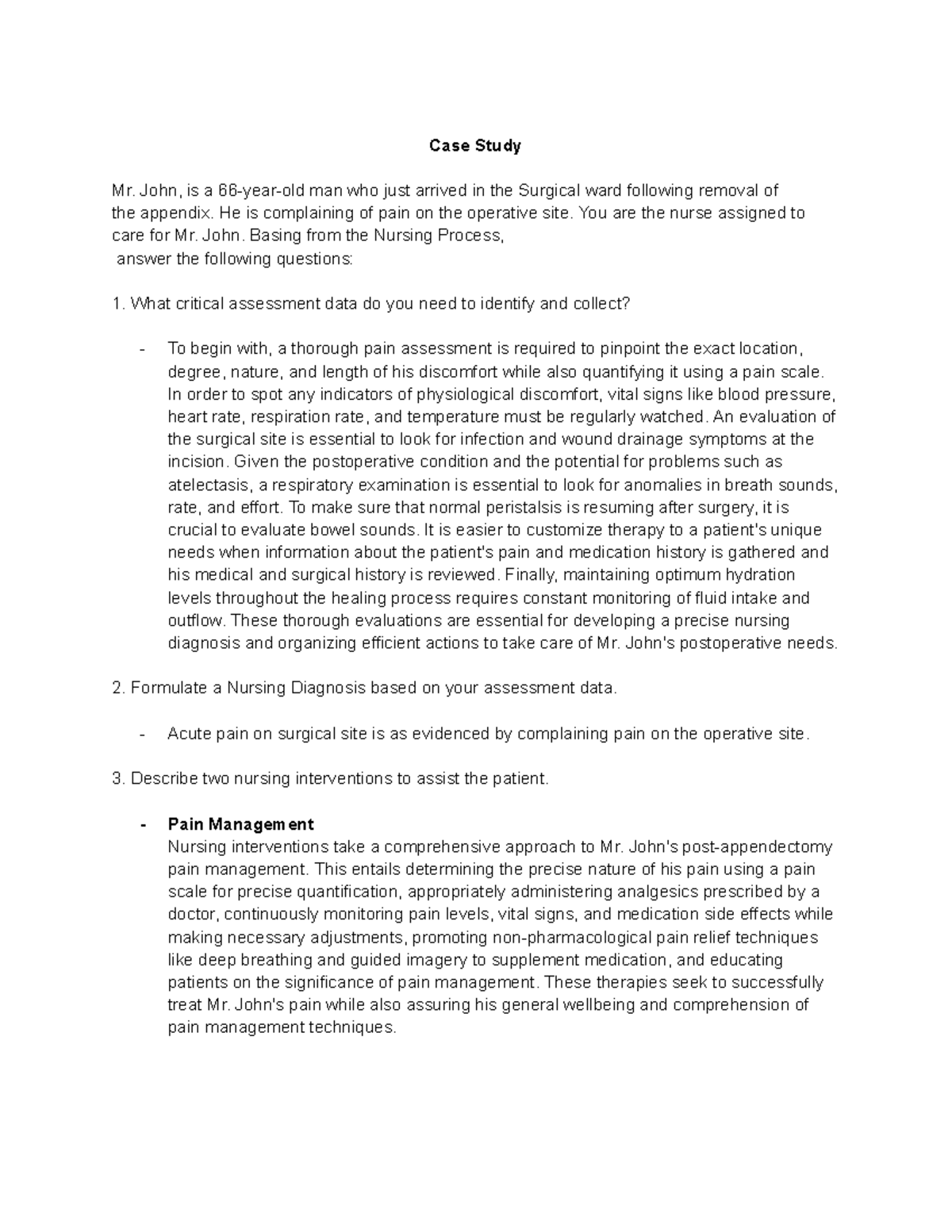 Nursing Care Post-Appendectomy: A Case Study on Mr. John - Studocu