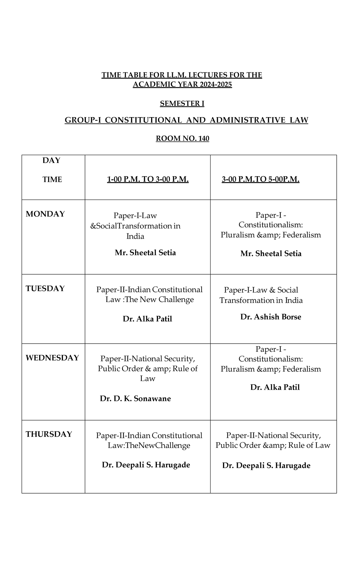 LL.M. Semester I Lecture Timetable: Constitutional & Administrative Law ...