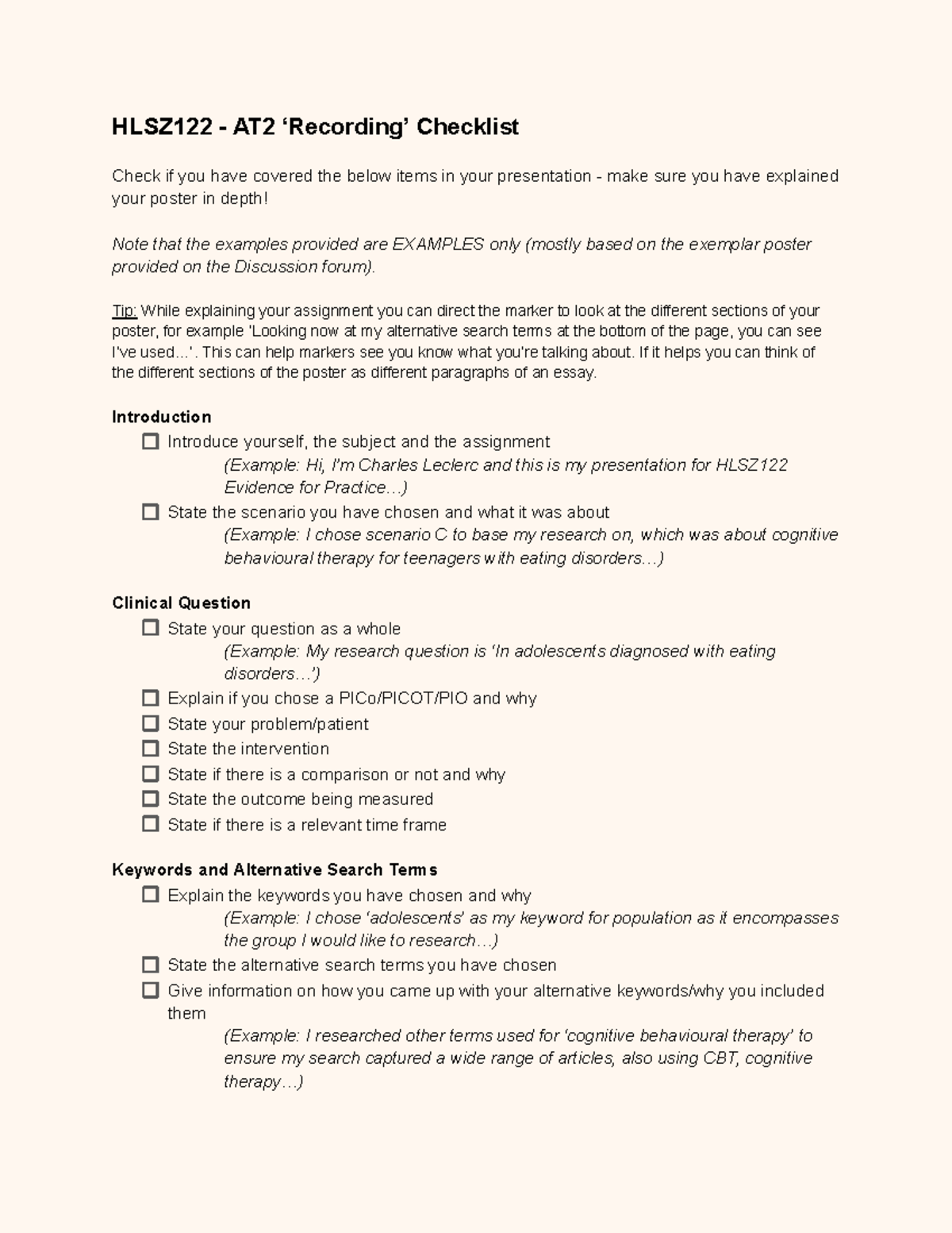 HLSZ122 - AT2 Presentation Checklist and Guidelines - Studocu