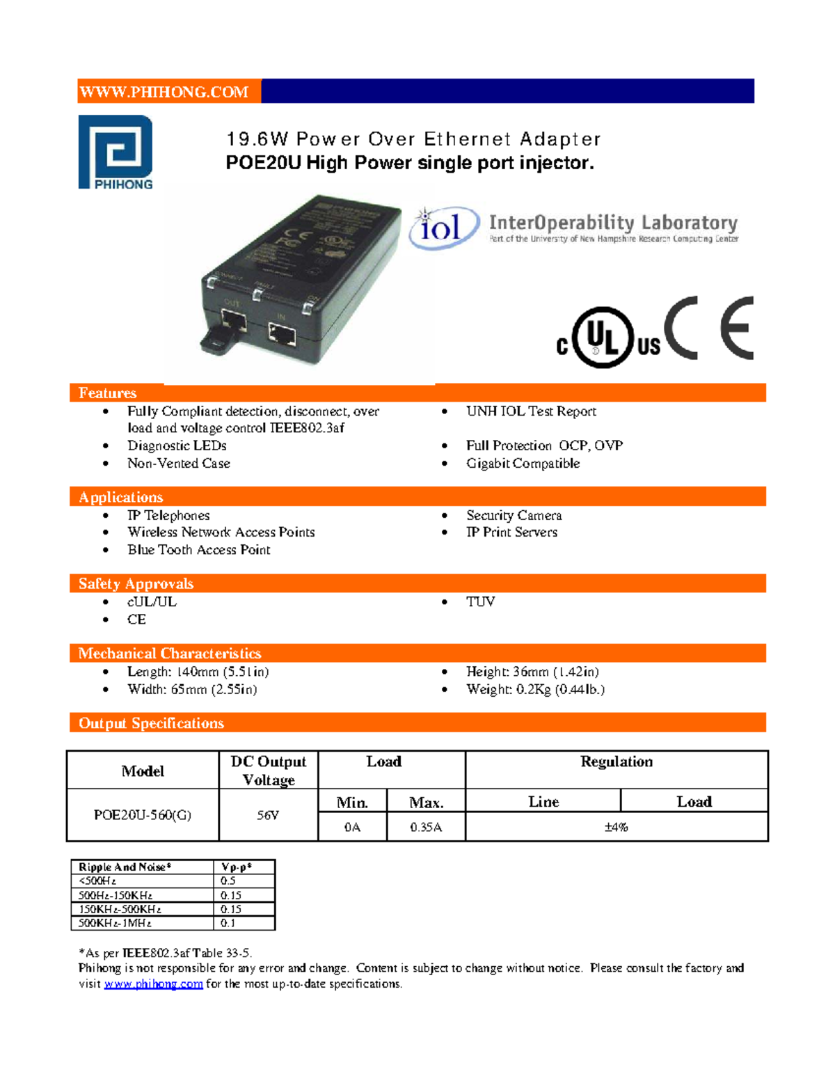 POE20U-560: High Power Ethernet Adapter Specifications and Features ...