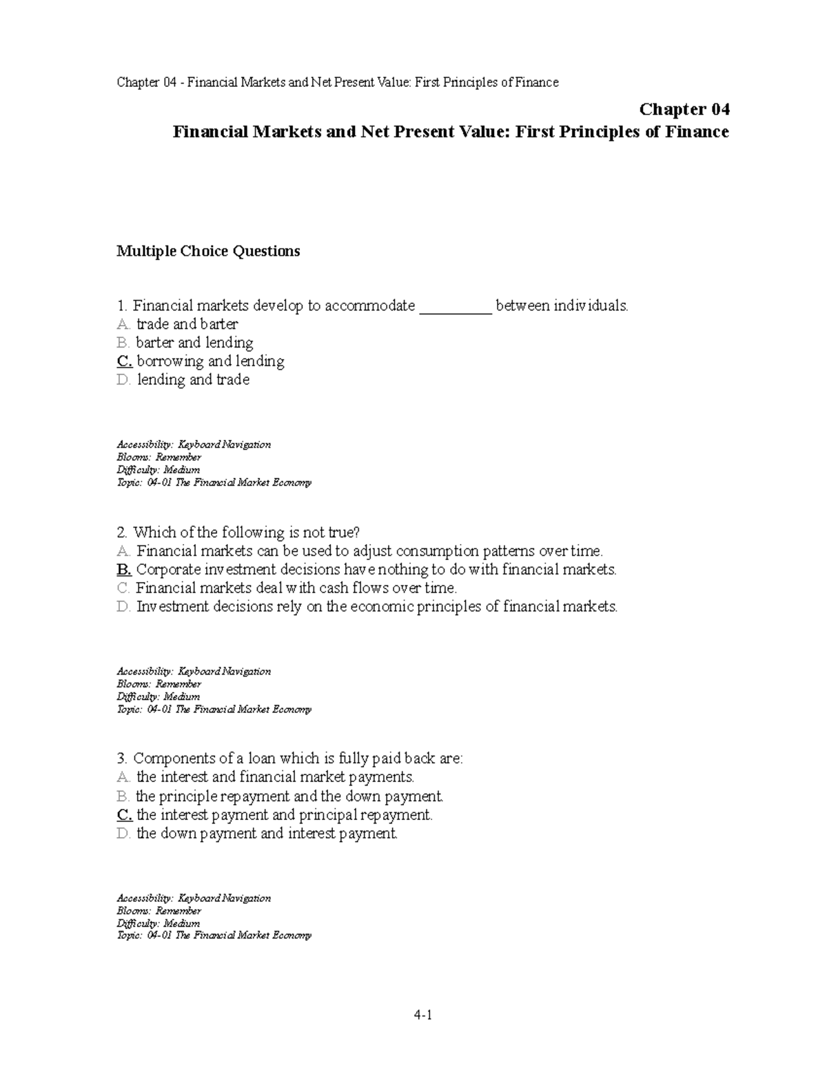 Test Bank for Finance: Chapter 04 - Financial Markets & NPV - Studocu