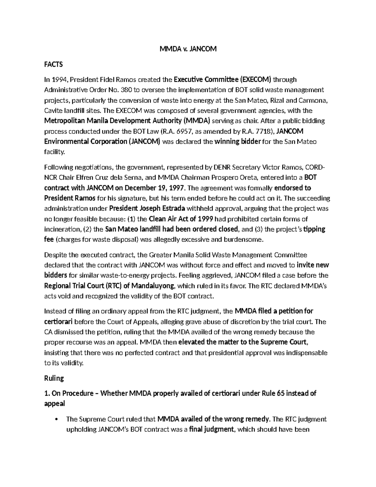 MMDA v. JANCOM: Supreme Court Ruling on BOT Contract Validity - Studocu