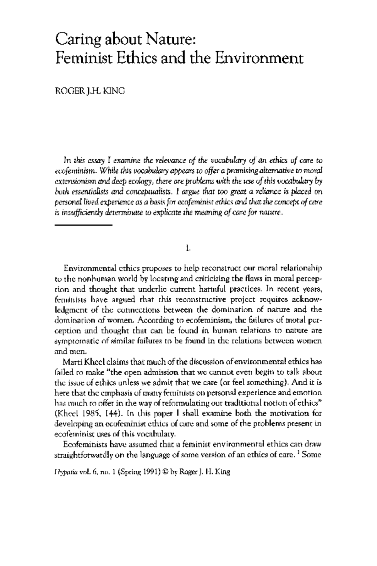 Unit 3 - Roger J.H. King: Ecofeminism and Ethics of Care in ...