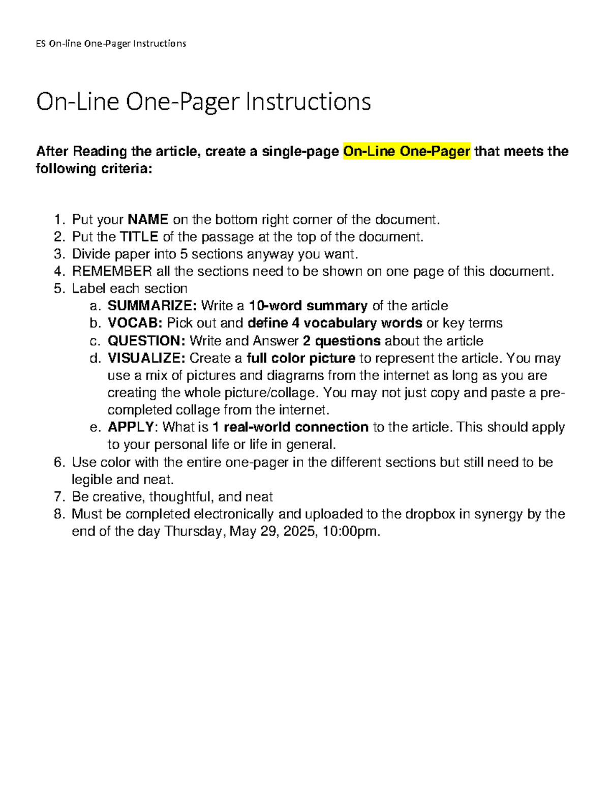 ES PQS One-Pager Instructions for Article Summary and Analysis - Studocu
