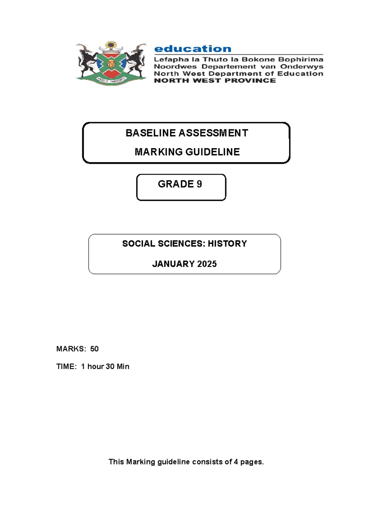 Grade 9 Social Sciences History Baseline Assessment Marking Guide 2025 ...