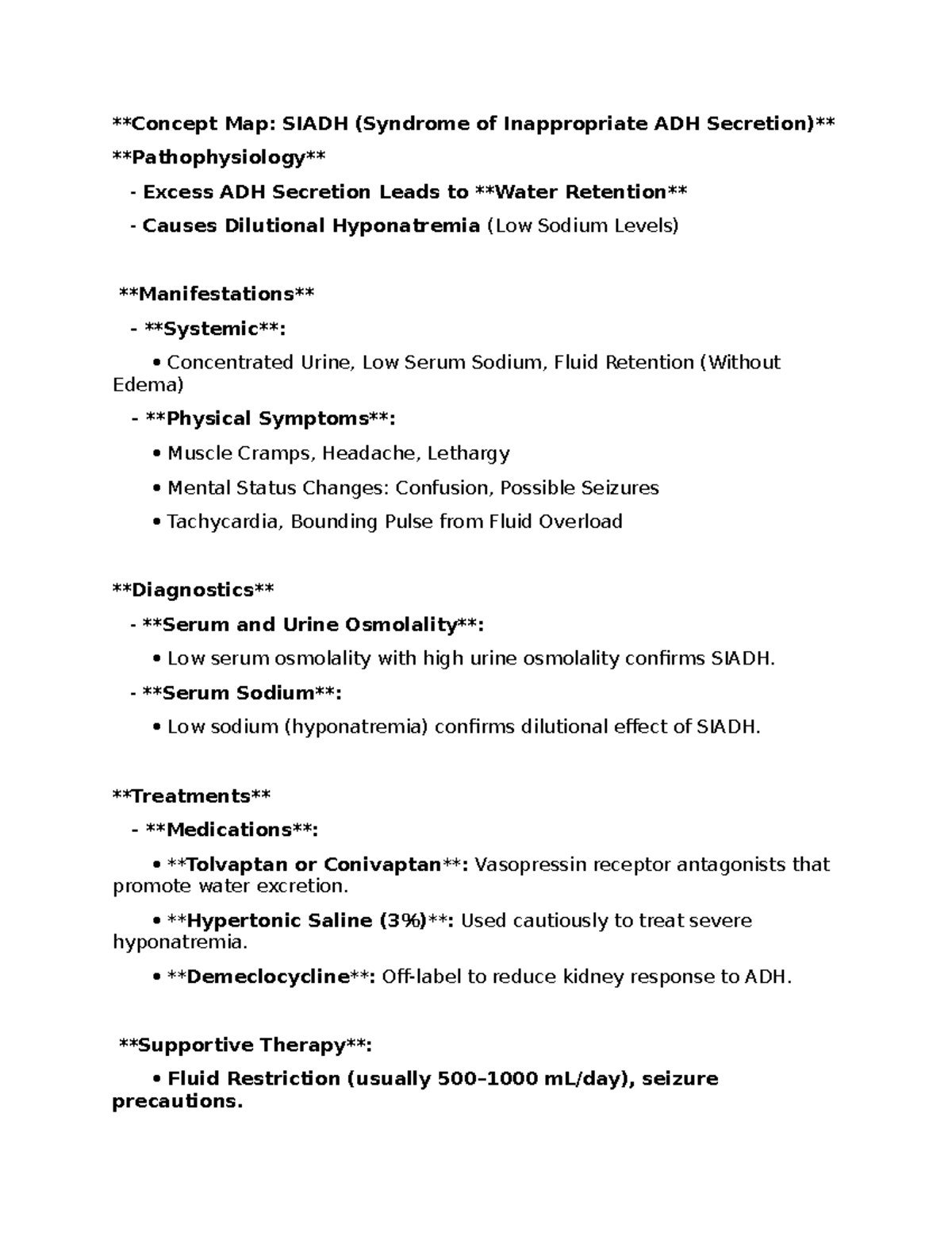 Concept Map Siadh Syndrome of Inappropriate ADH Secretion - Concept Map ...