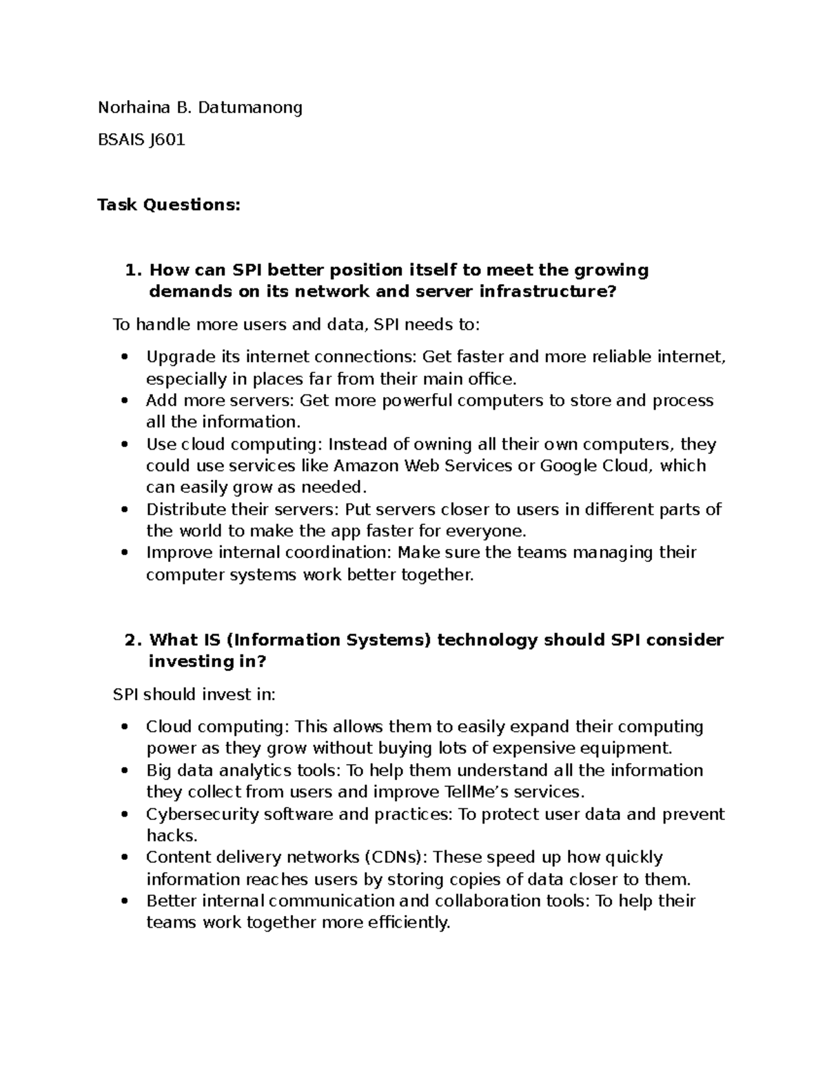 BSAIS J601 Assignment: Enhancing SPI's Network & IS Strategies - Studocu