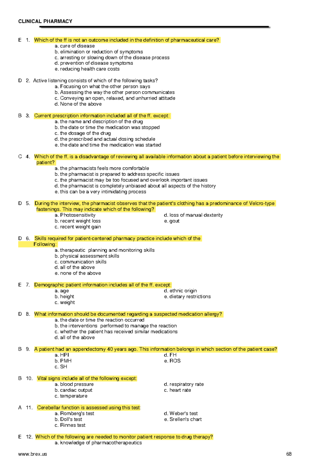 Clinical Pharmacy E 1: Comprehensive Answer Key - Studocu