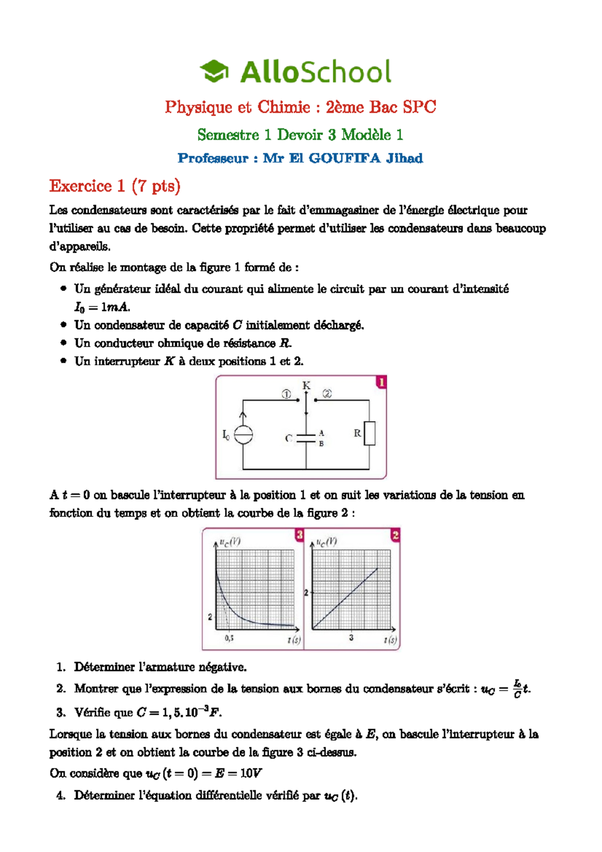 Devoir 3 Modèle 1 Physique et Chimie 2BAC SPC Semestre 1 - Studocu