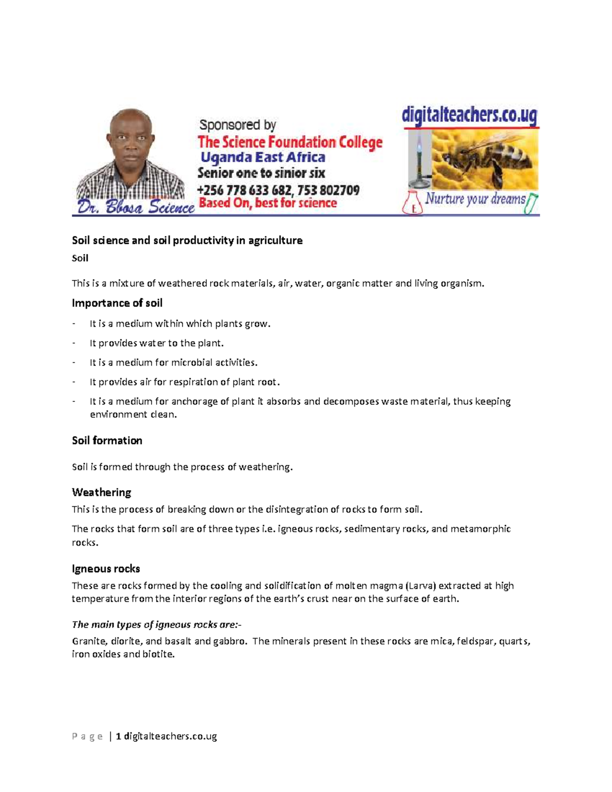 Soil Science and Productivity in Agriculture: Key Concepts and ...