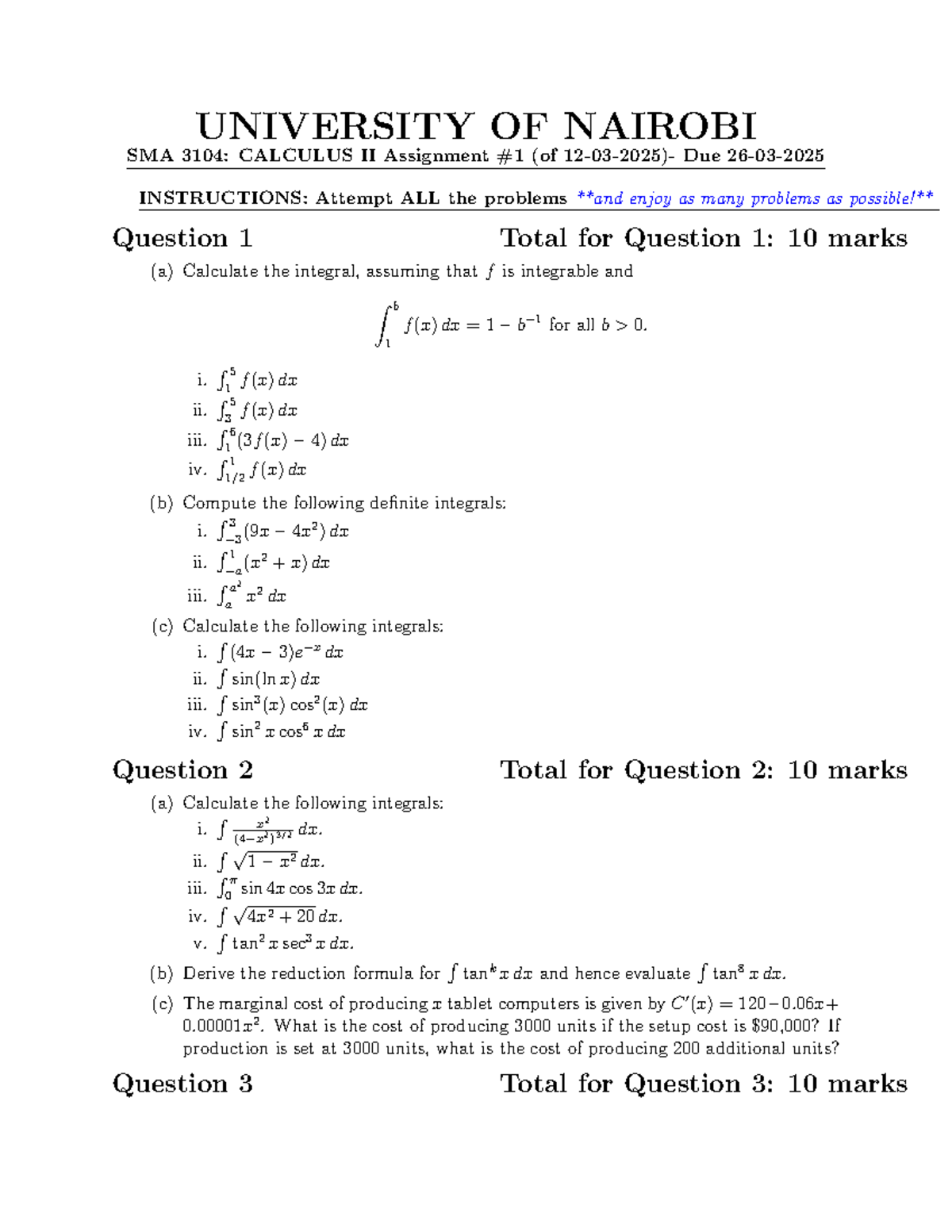 SMA3104 Final Assignment #1: Calculus II Problems and Solutions - Studocu