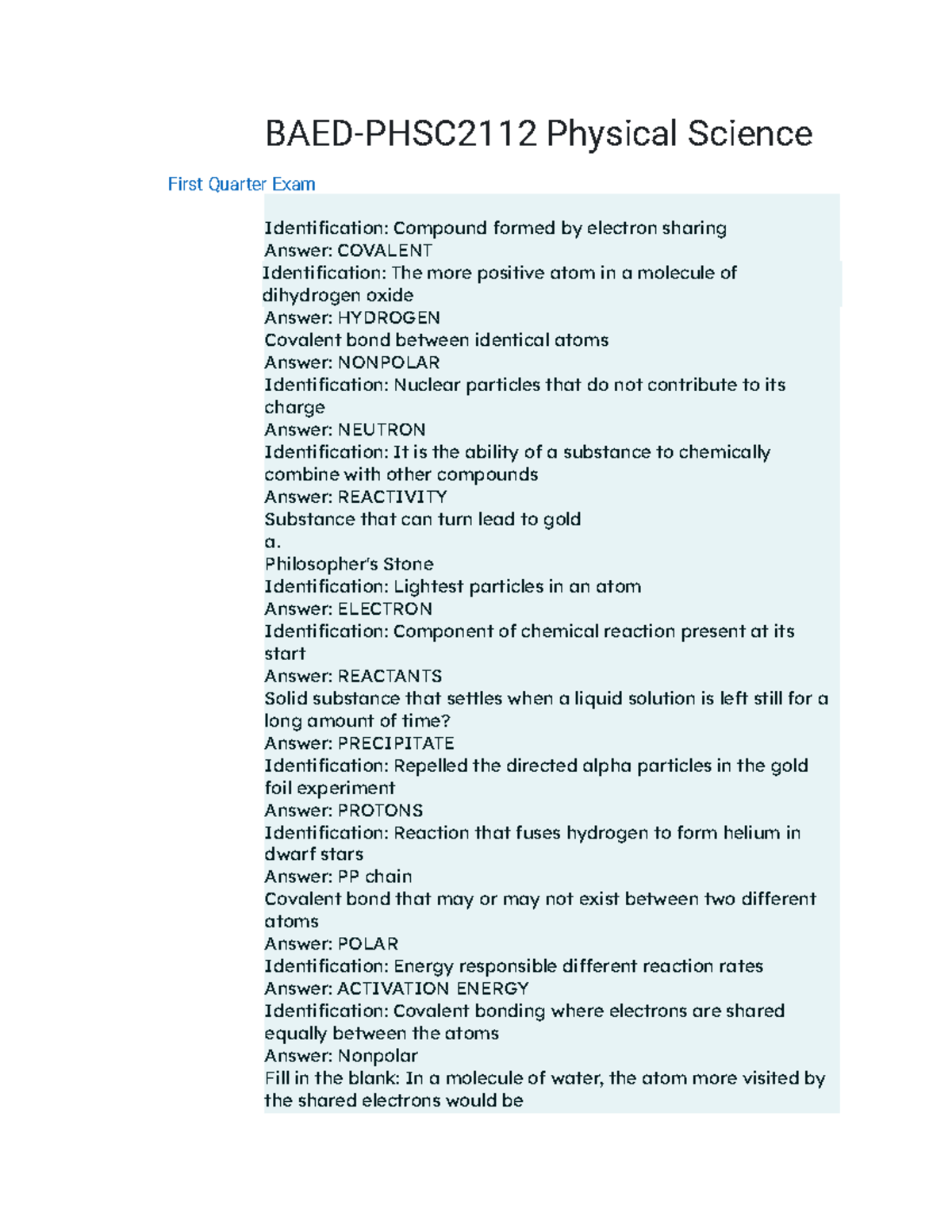 BAED-PHSC2112 Final Exam Study Guide for Physical Science - Studocu