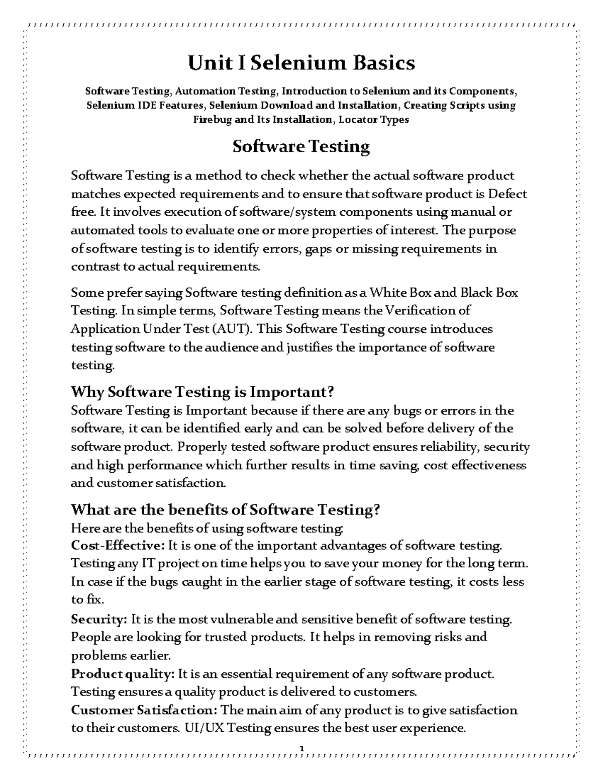 Unit I: Intro to Selenium & Software Testing Fundamentals - Studocu