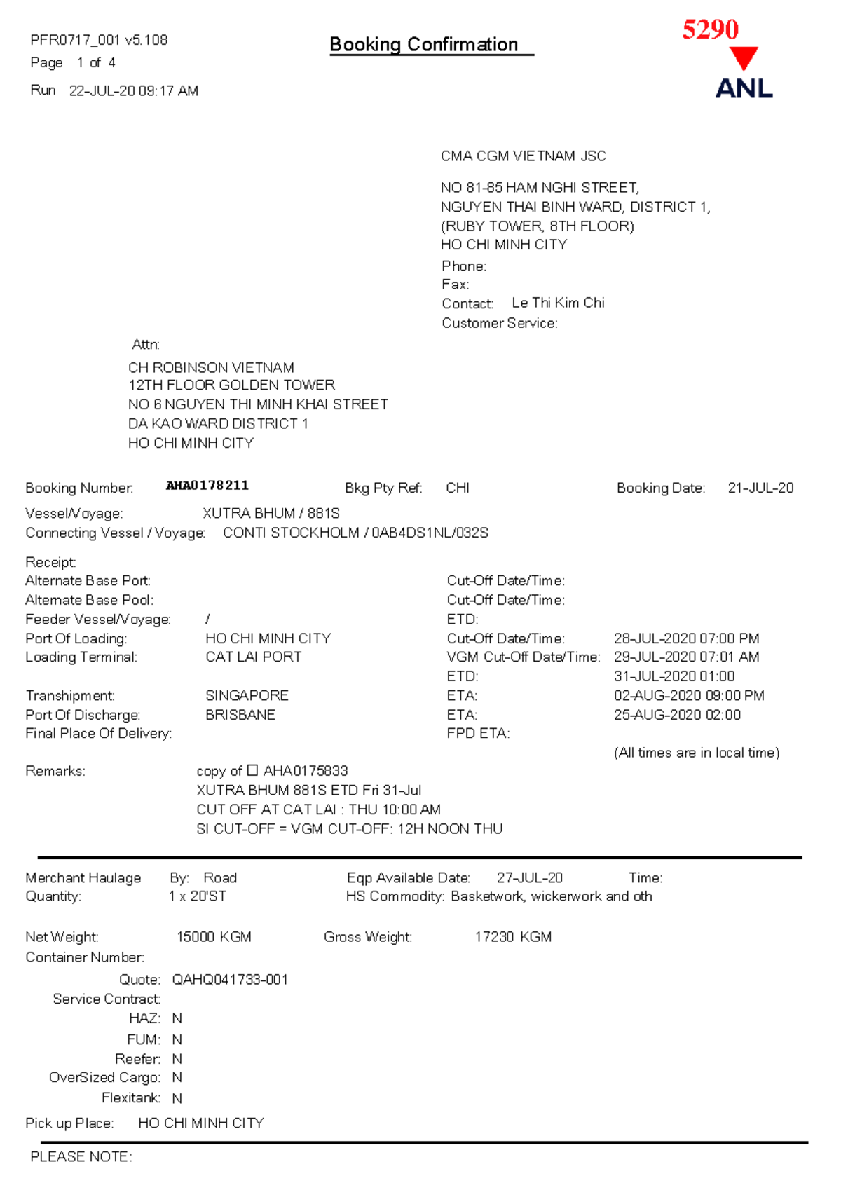 CMA Booking Confirmation - AHA0178211 - Studocu