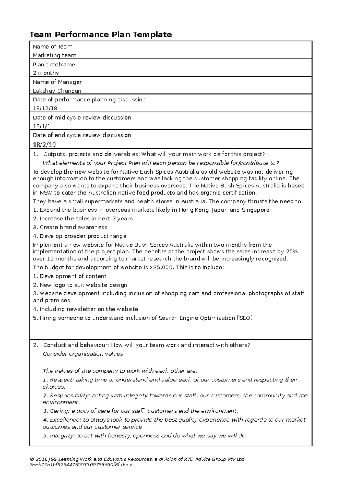 Team Performance Plan V1.0 - Team Performance Plan Template Name of ...