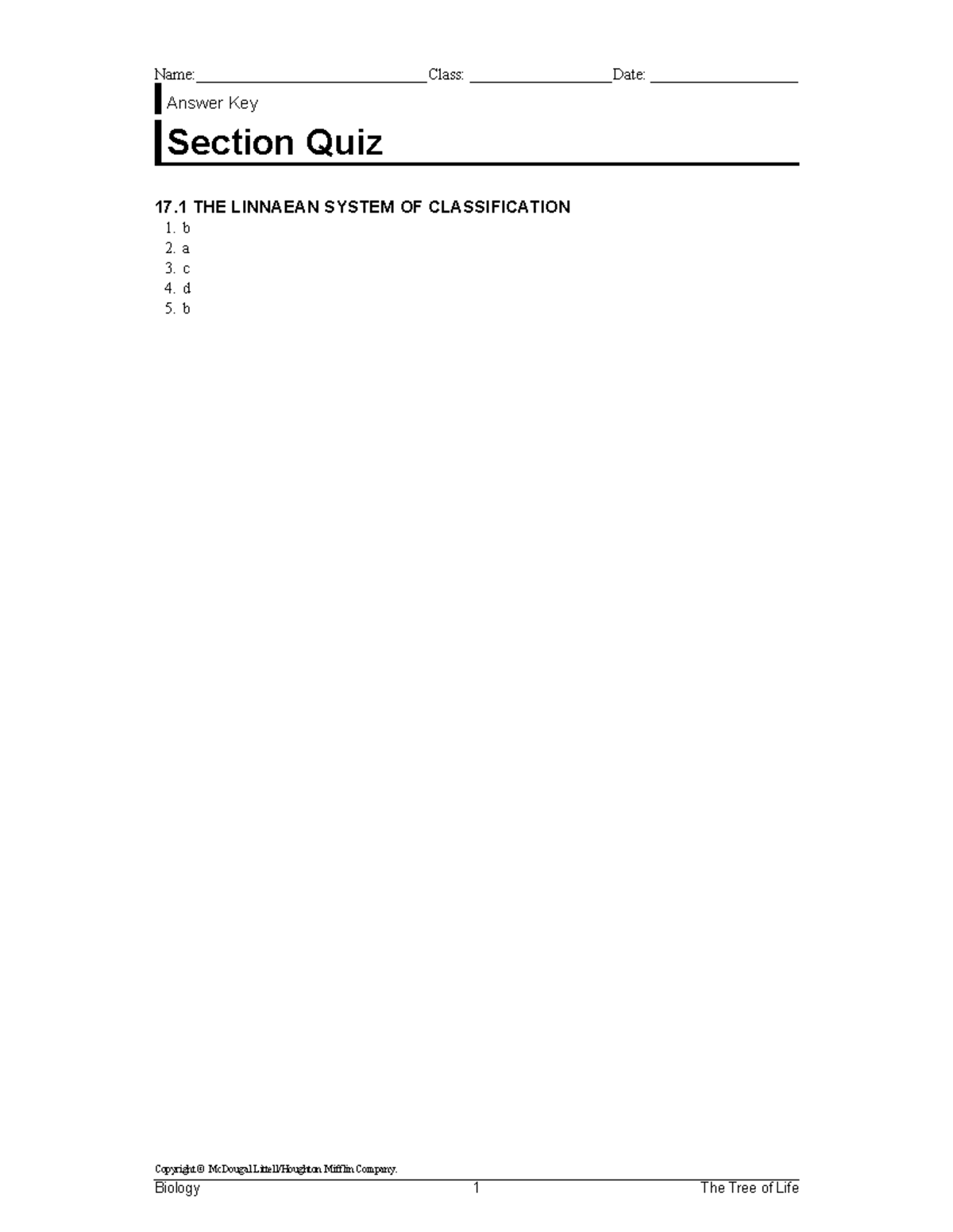 CH 17 Section Quiz - Answer Key Section Quiz 17 THE LINNAEAN SYSTEM OF ...