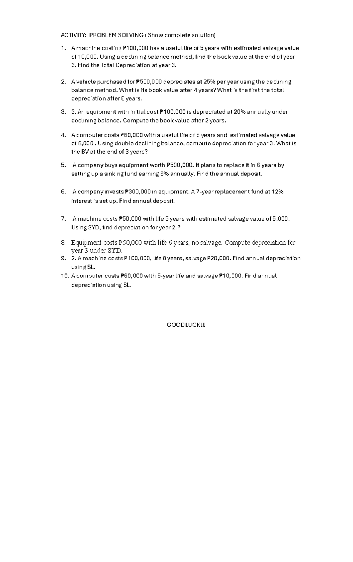 ACTIVITY: PROBLEM SOLVING ON DEPRECIATION METHODS (N/A) - Studocu