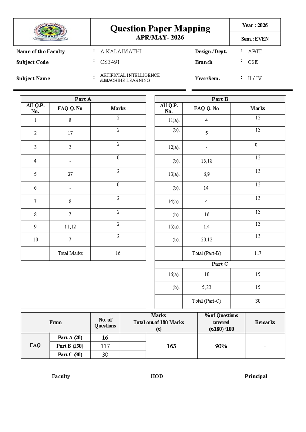 CS3491 AI Question Paper Mapping 2026 - Good Notes - Studocu