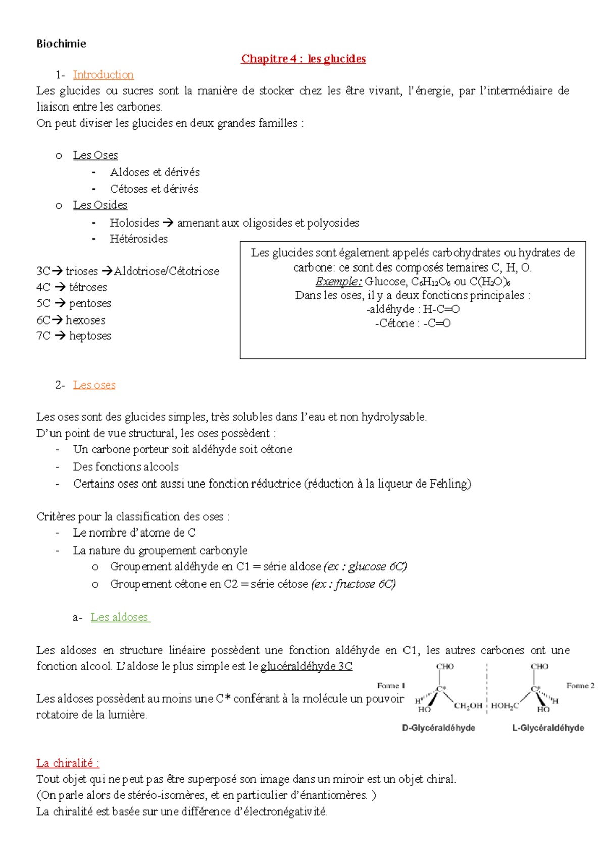 Chapitre 4 : Les Glucides - Structure, Types et Propriétés - Studocu