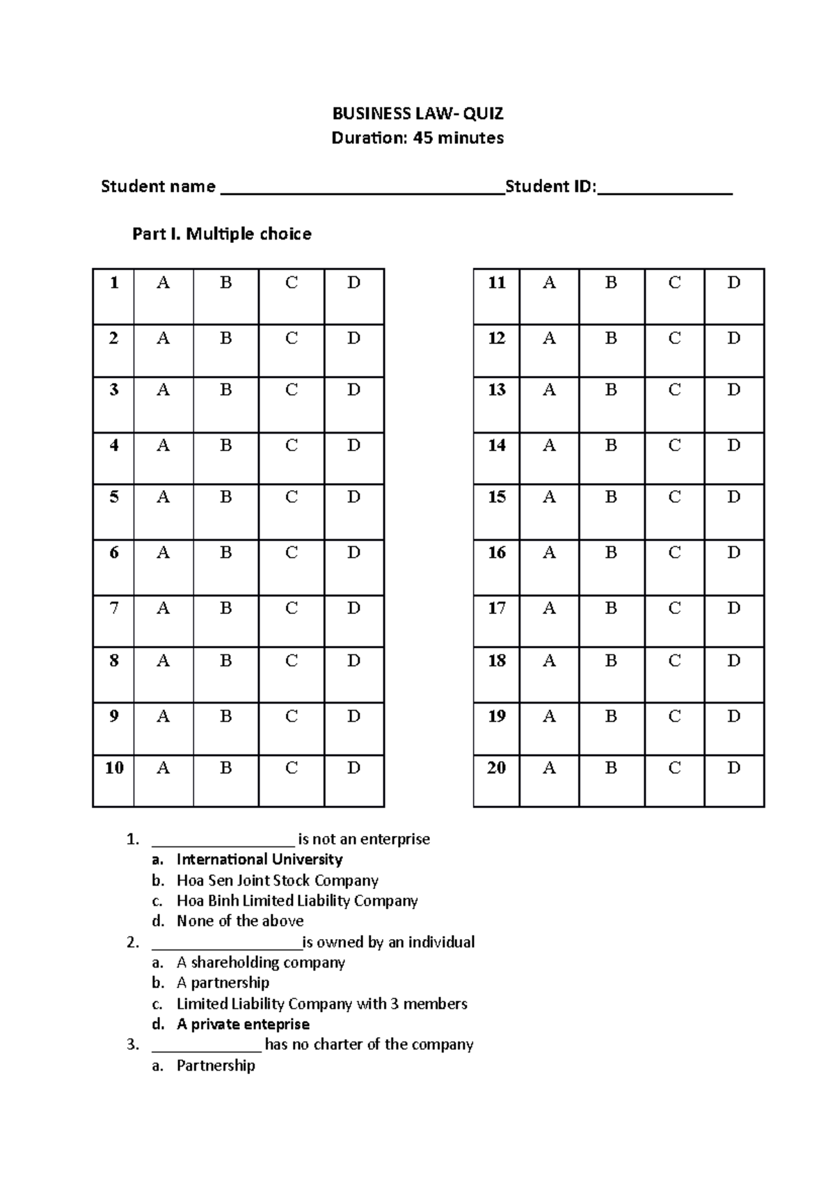 Blaw Quiz 1 - Semester 1, 2022: Business Law Assessment Questions - Studocu