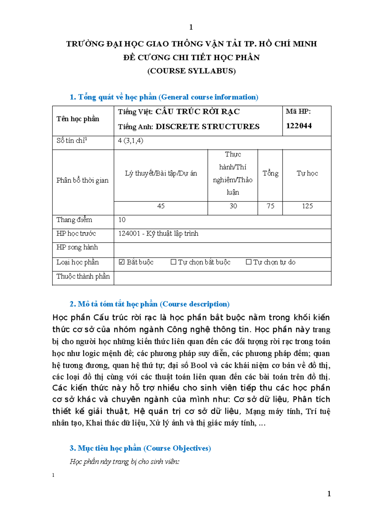 Đề cương chi tiết học phần 122044: Cấu trúc rời rạc - 2024 - Studocu