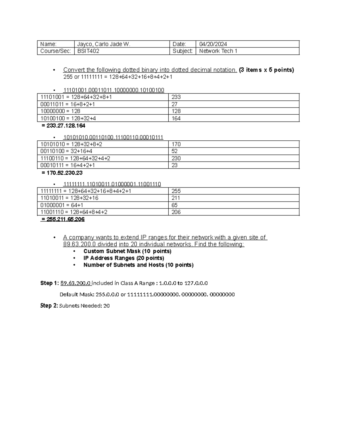 BSIT402 Network Tech 1: Dotted Binary to Decimal Conversion ...