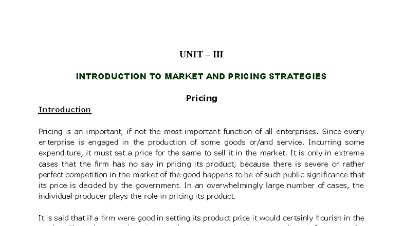 MEFA R19 - UNIT 3: Introduction to Market and Pricing Strategies - Studocu