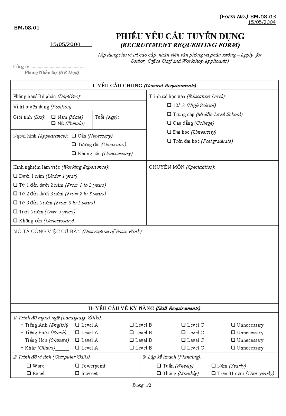 Mẫu Phiếu Yêu Cầu Tuyển Dụng (BM.08.03) cho Vị Trí Cao Cấp - Studocu