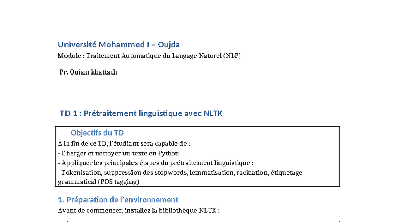 TD 1 : Prétraitement Linguistique avec NLTK - NLP 2023 - Studocu