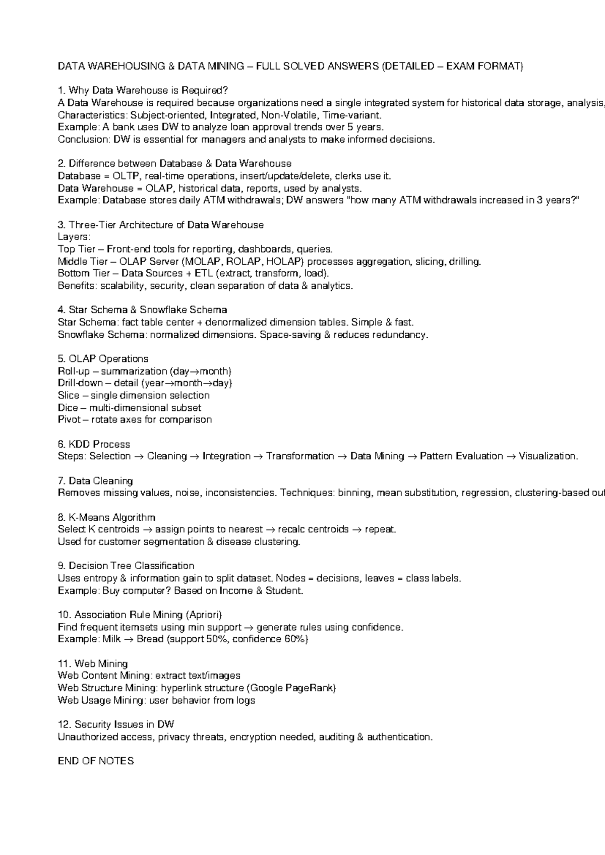 KCA012 Data Warehousing & Mining Full Solved Exam Answers - Studocu