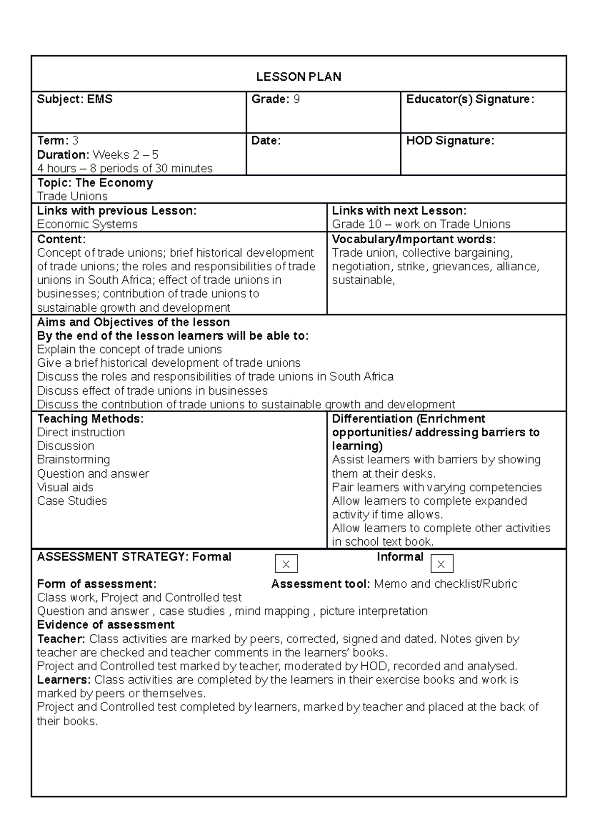 Grade 9 EMS Lesson Plan: Understanding Trade Unions and Their Impact ...