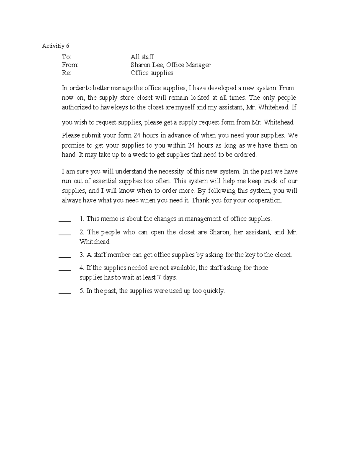 Office Supplies Management System Update - Memo from Sharon Lee - Studocu