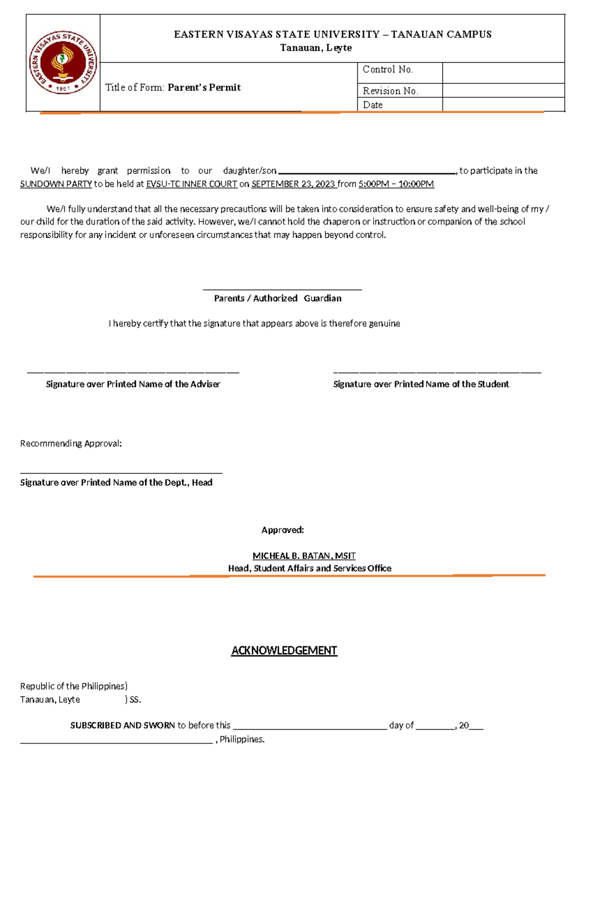 Parents Permit Format for Sundown Party - EVSU Tanauan Campus - Studocu